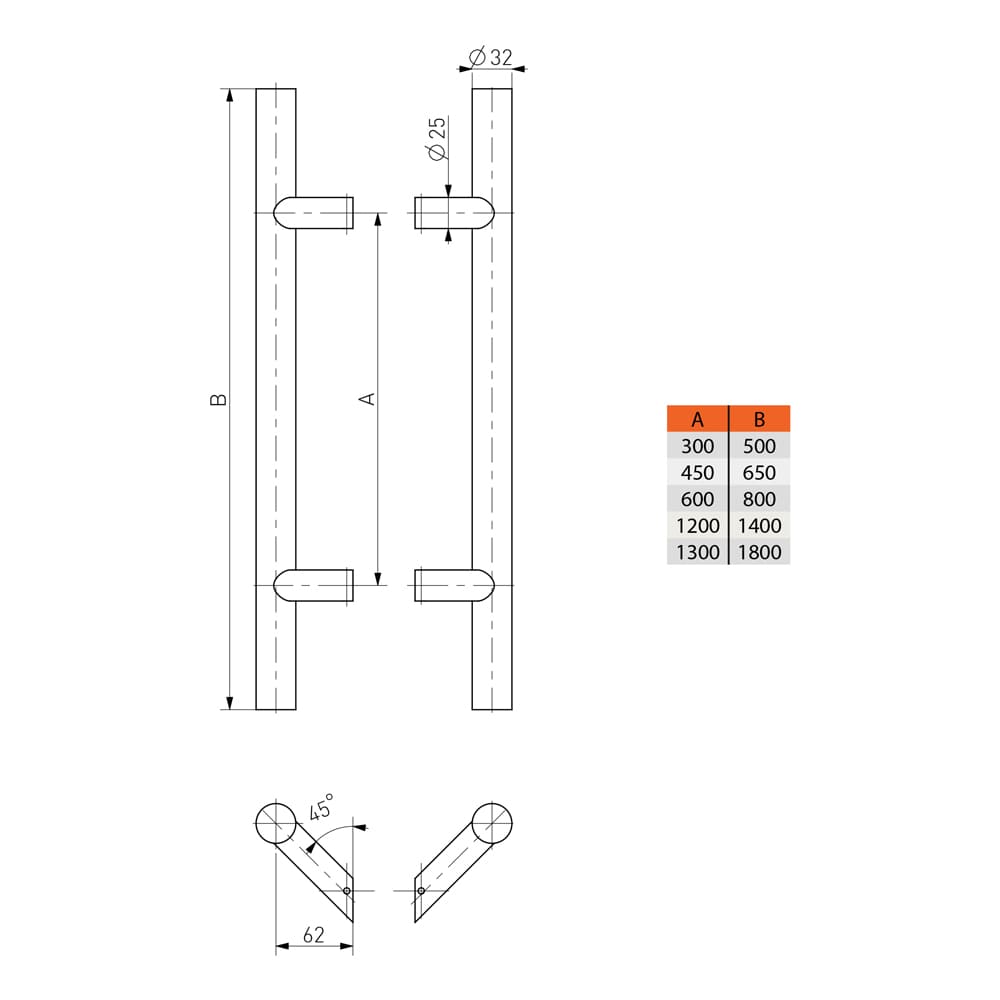 Set manere din inox, Medos, lungime 650mm, interax 450mm, prindere 45 ...
