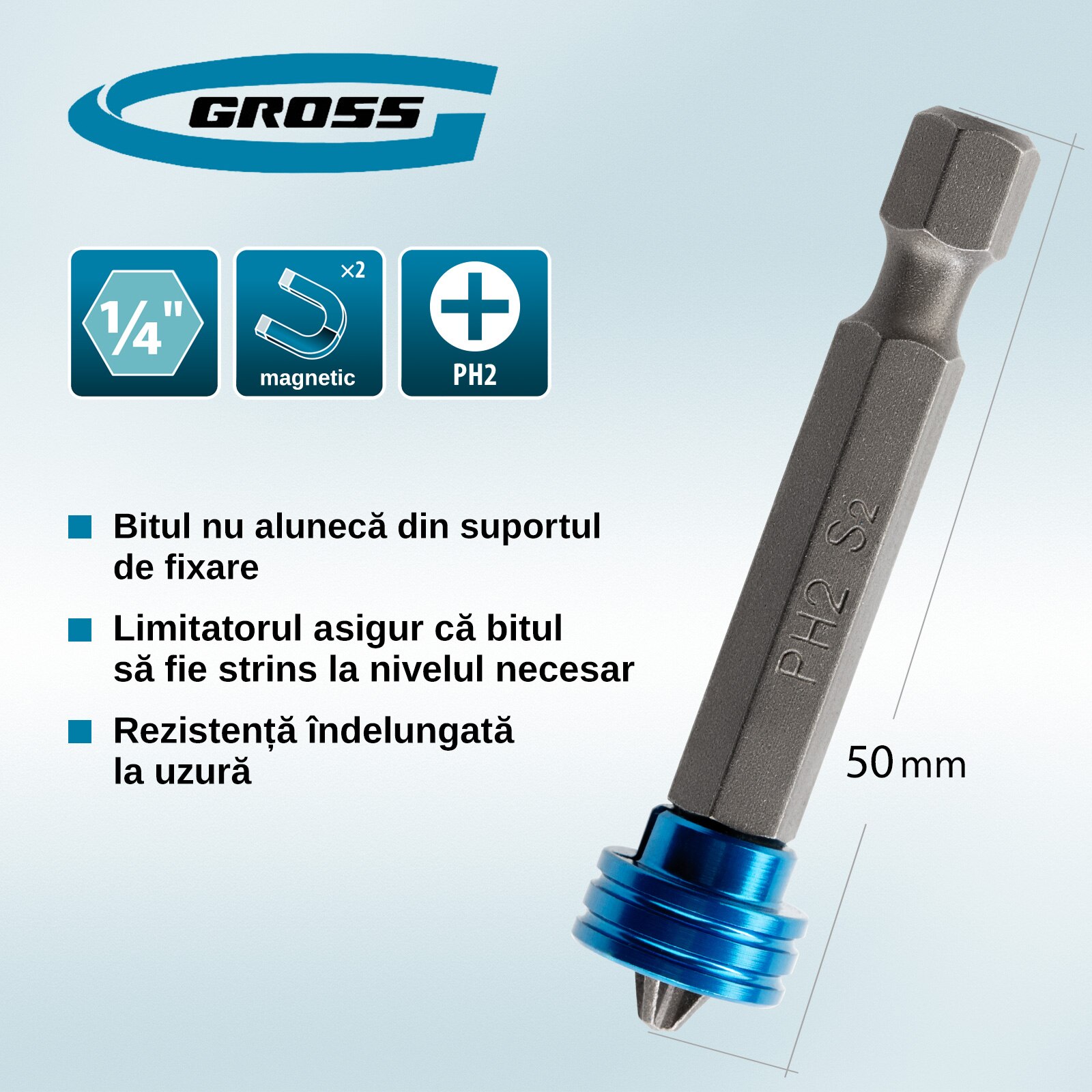 Bit PH2, 50 mm, cu limitator si magnet, GROSS - eMAG.ro