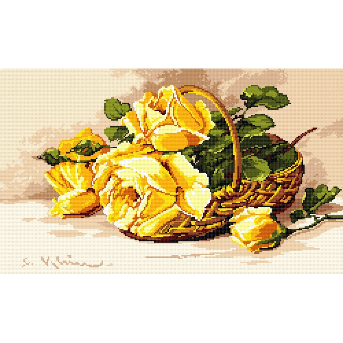 Goblen Cos cu trandafiri galbeni, Hudemas, kit goblen imprimat pe panza ...