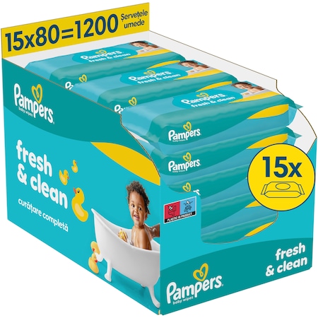 Servetele umede Pampers Fresh Clean, 15 pachete x 80 servetele, 1200 ...