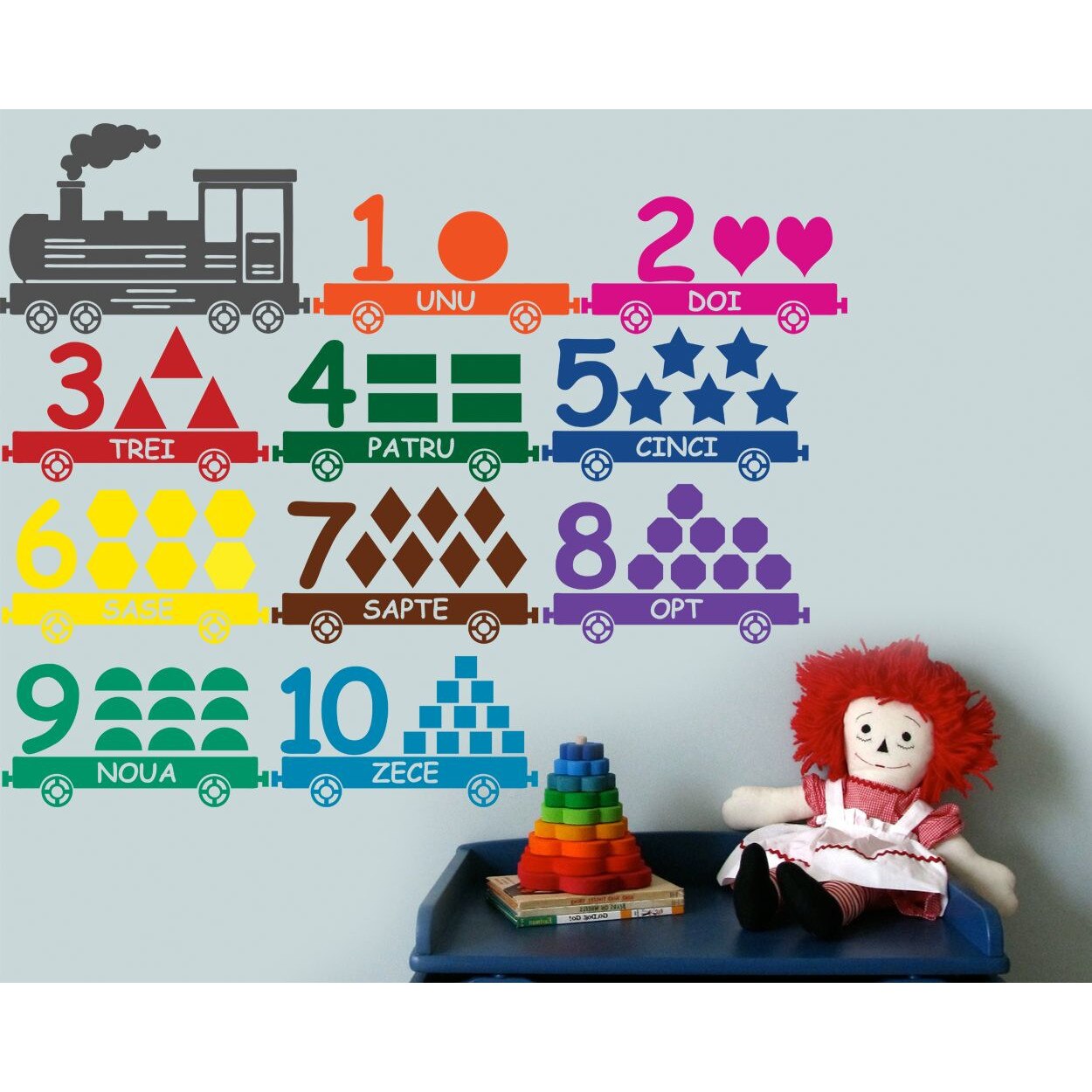 Sticker decorativ Trenuletul cu numere, forme si culori, Stickero, 20cm ...