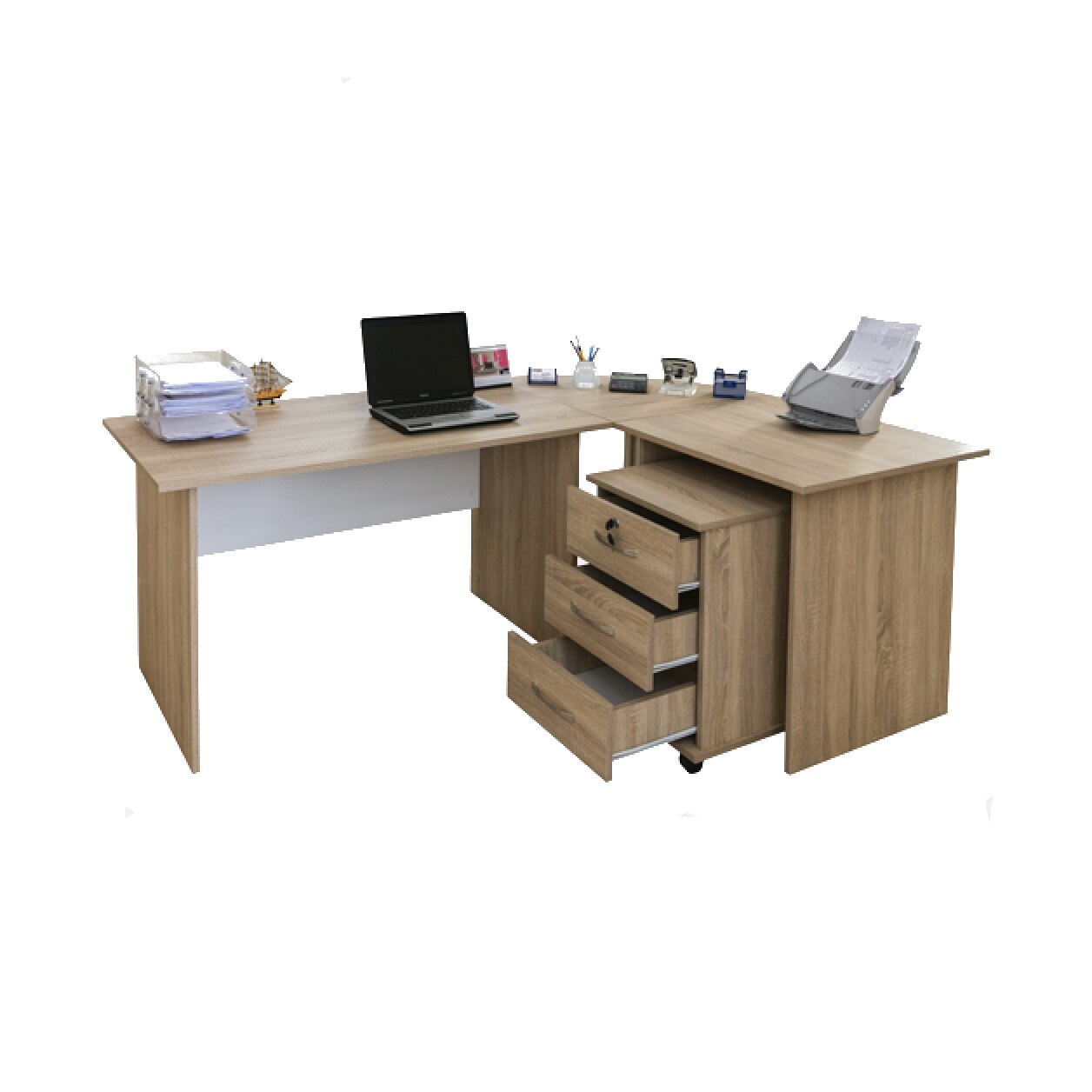 Set birou Alpino Omega culoare stejar/alb 4 piese ,masa birou ...