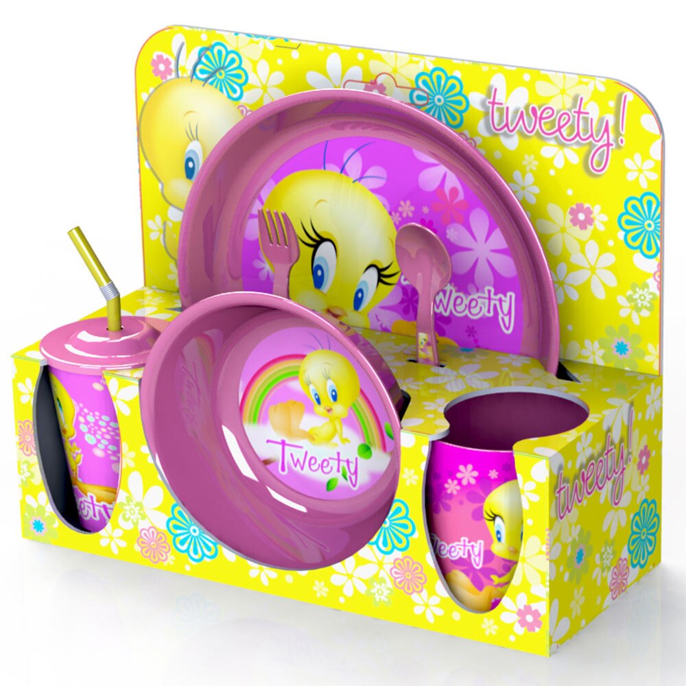 Детски комплект за хранене Dema-Stil Tweety, от 8 части с декор - eMAG.bg
