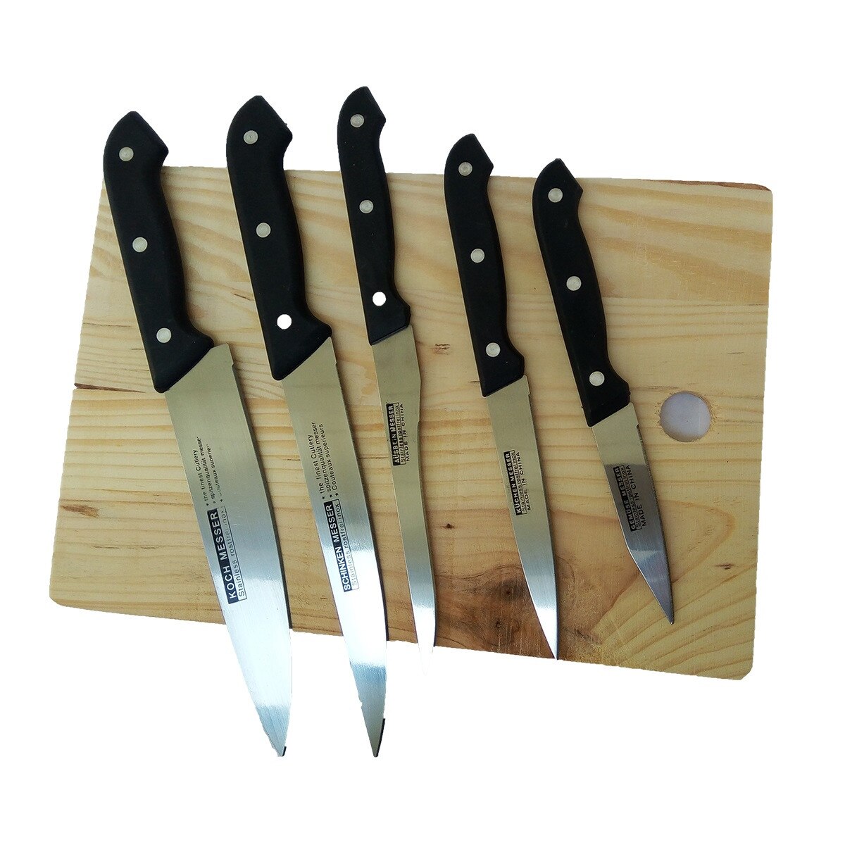 Pachet format din 6 piese, 5 cutite de bucatarie si un tocator de lemn ...