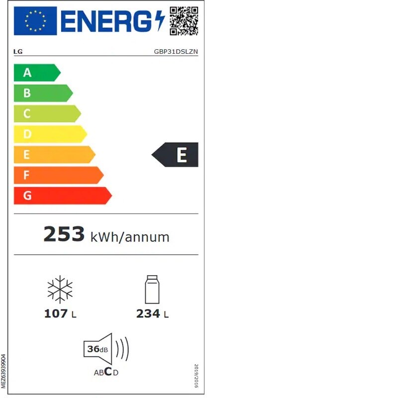 Хладилник с фризер Lg Gbp31dslzn клас E 341 л общ обем свободностоящ 254 Kwh годишно разход