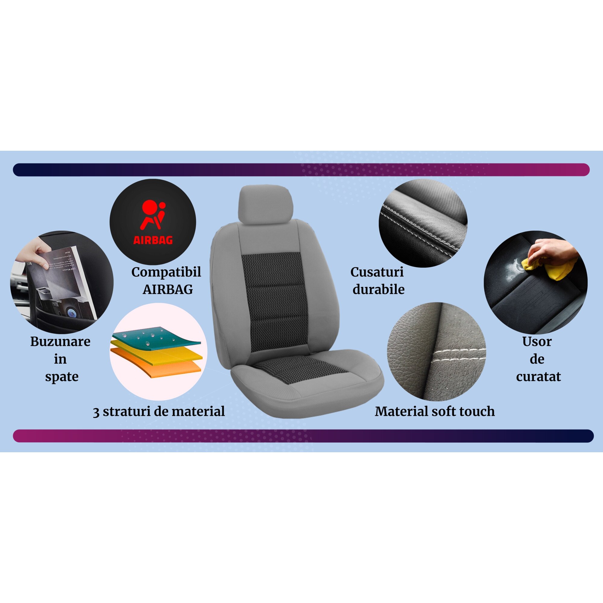 Set huse scaune auto Smartic®, Premium Lux M02, 11 piese, compatibile ...