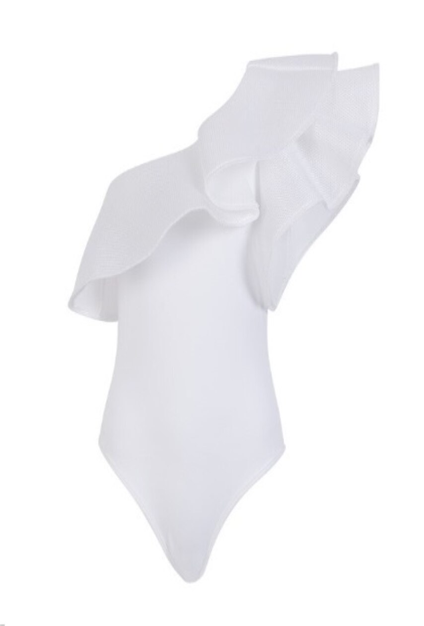 Costum de baie body, alb, cu volane, masura S - eMAG.ro