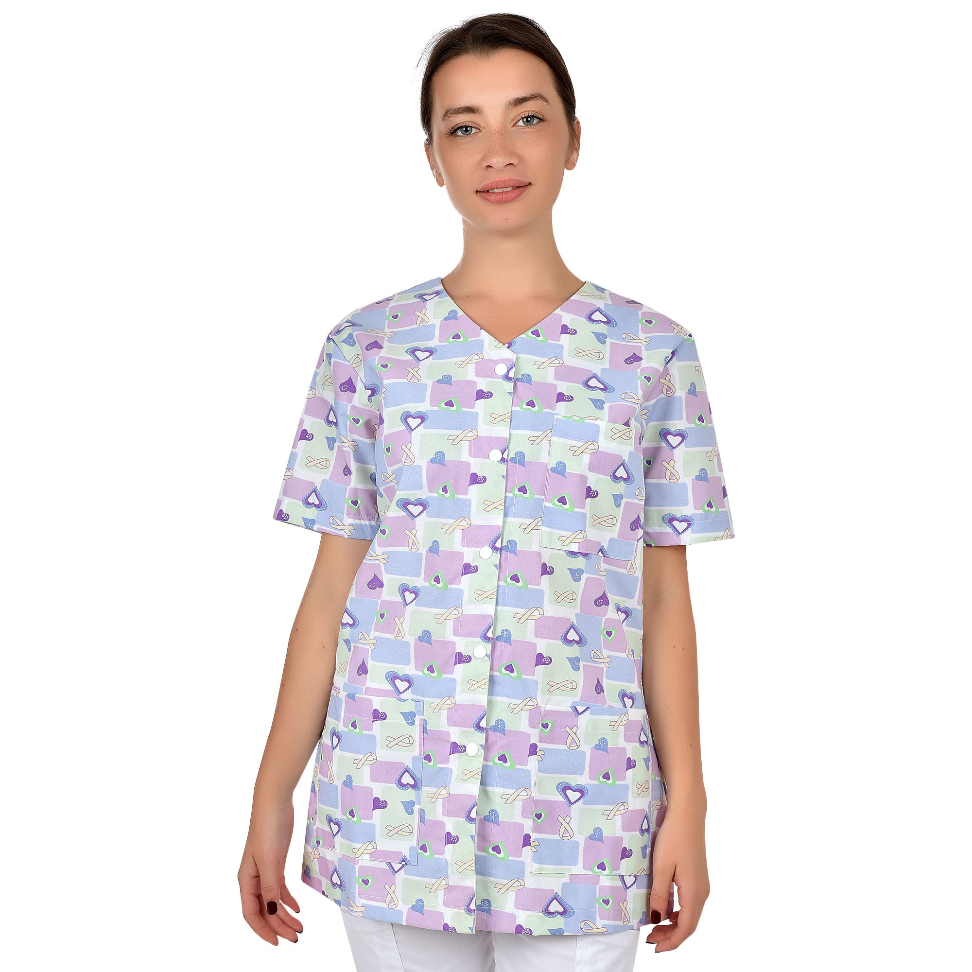 Halat medic dama scurt cu capse si imprimeu inimi L - eMAG.ro