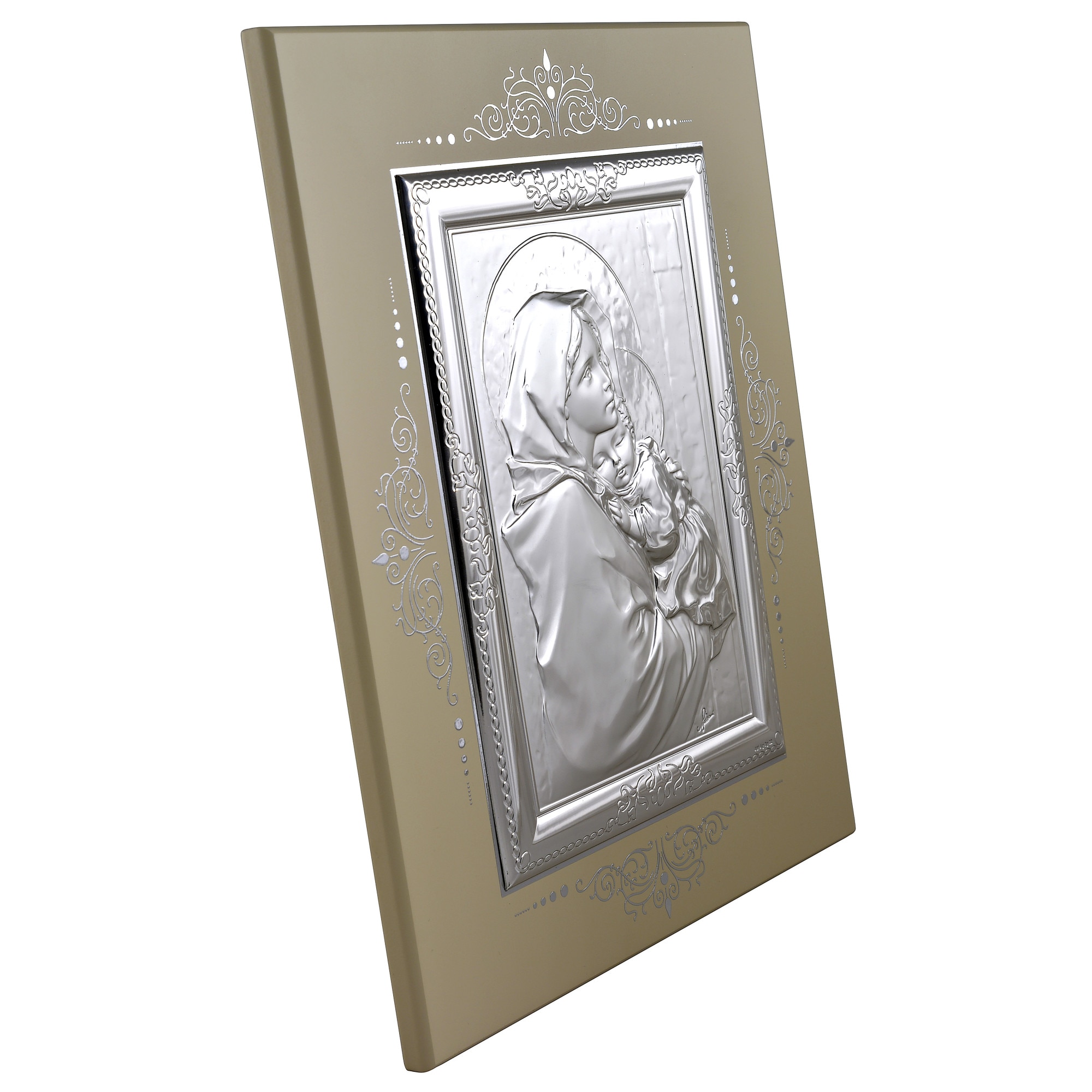 Icoana placata cu argint - Fecioara Maria cu pruncul Iisus - Varianta ...