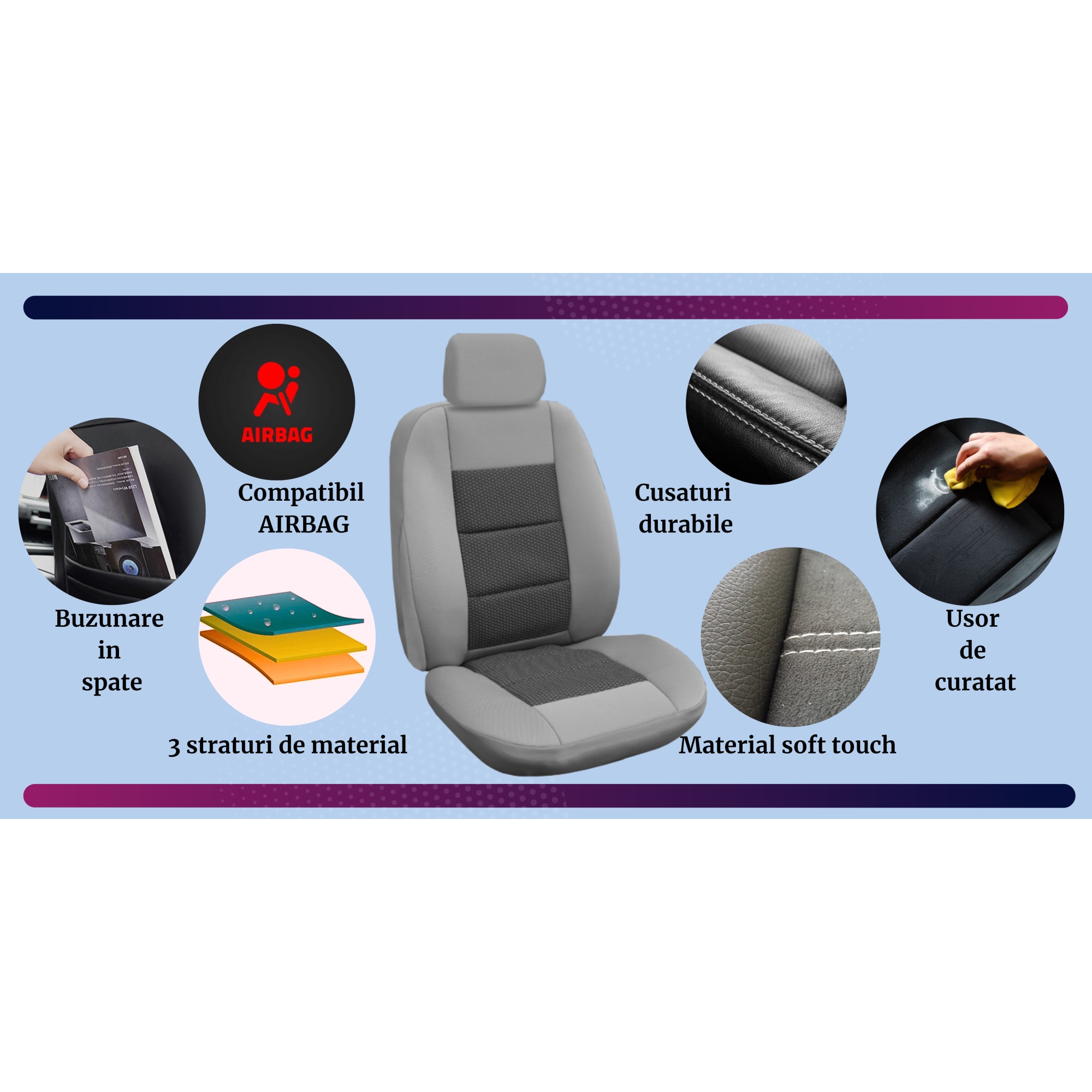 Set huse auto universale Prmium Lux, cu umplutura de spuma moale ...