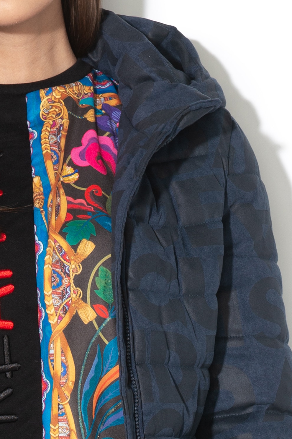 DESIGUAL, Зимно яке Letras с качулка, Петролносин, 38 - eMAG.bg