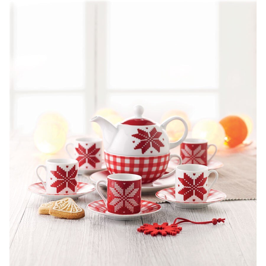 Ceainic ceramic cu model nordic alb-rosu - eMAG.ro