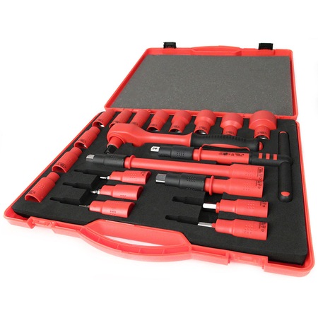 Set 20 de scule izolate, Licota, Otel, VDE, 1/2', 4 - 32 mm, Negru/Rosu ...