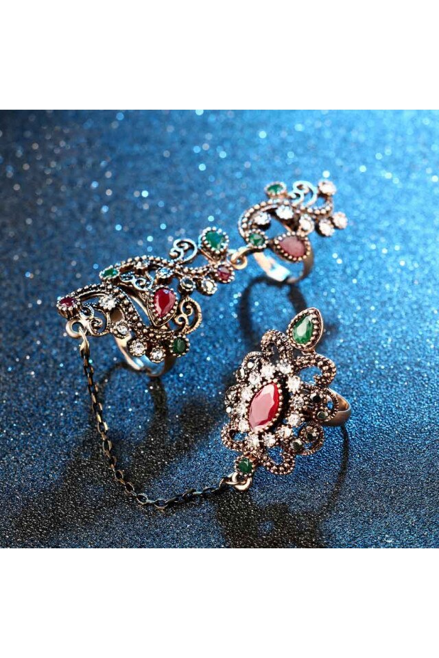 Inel vintage dublu, cu lantisor fatetat, model turcesc spiralat cu ...