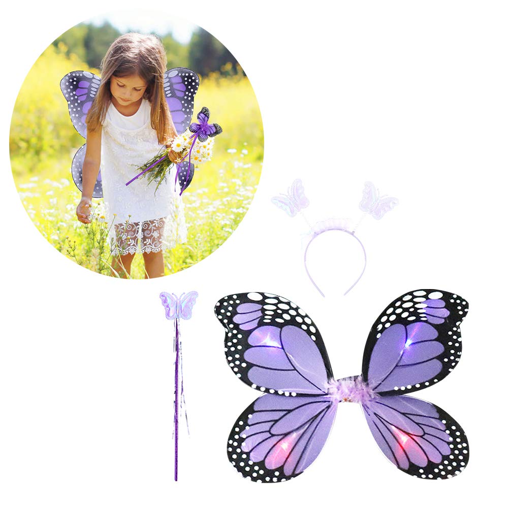 Set 4 piese, costum pentru copii cu fustita, aripi de fluture cu leduri ...