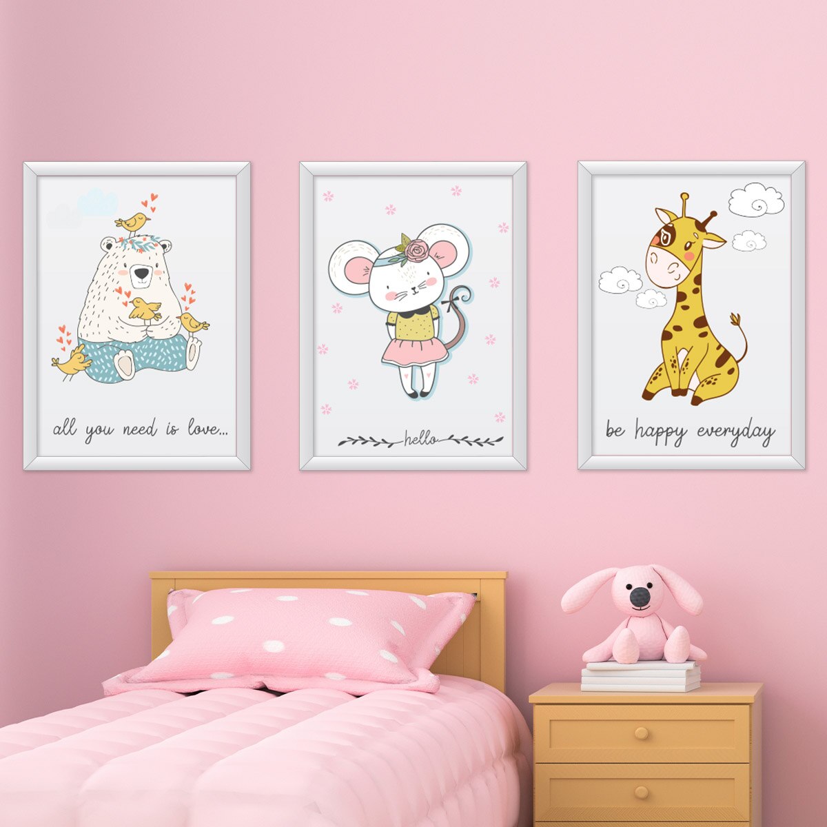 Set 3 tablouri camera copii, Urs & Soricel & Girafa, Stickermania, rama ...
