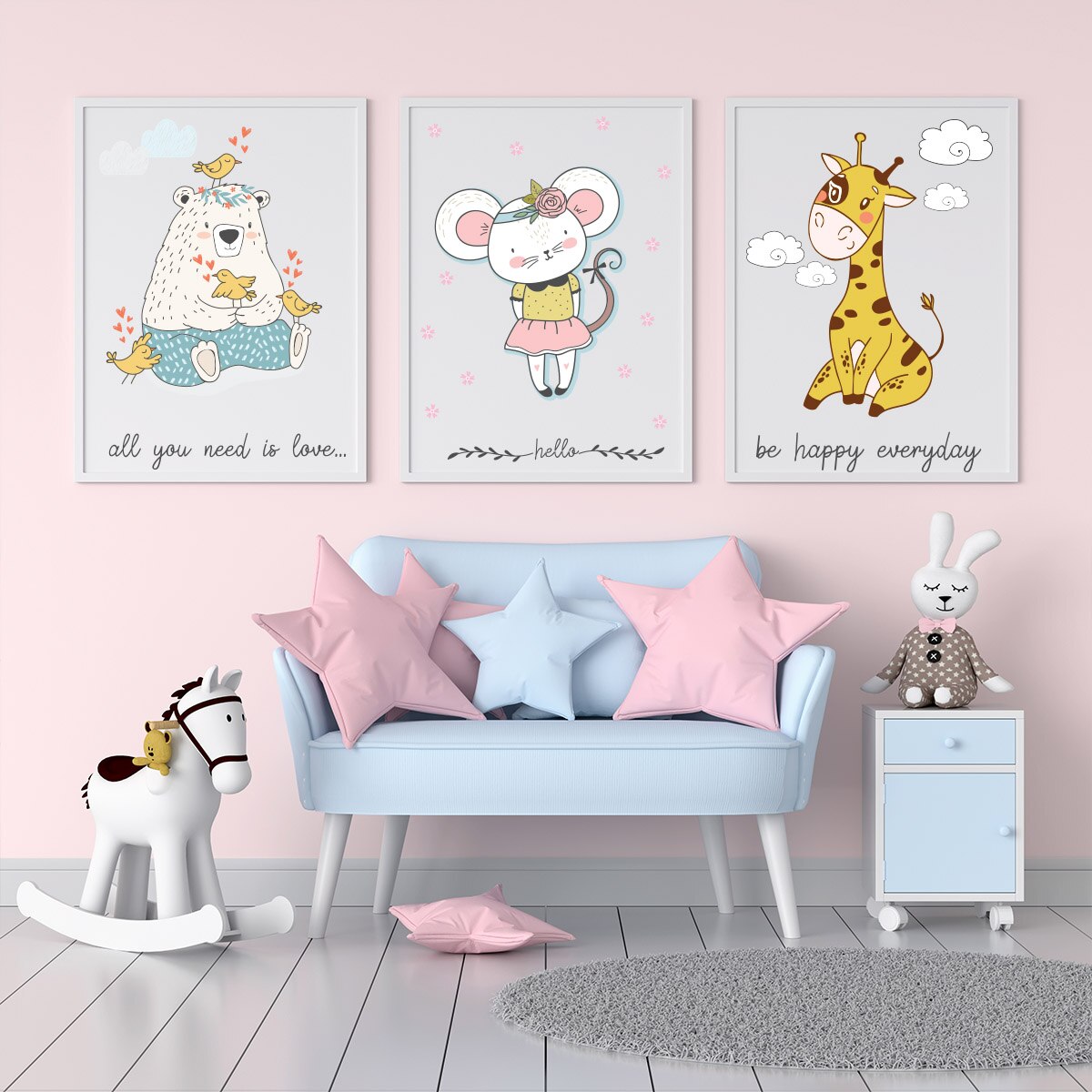 Set 3 tablouri camera copii, Urs & Soricel & Girafa, Stickermania, rama ...