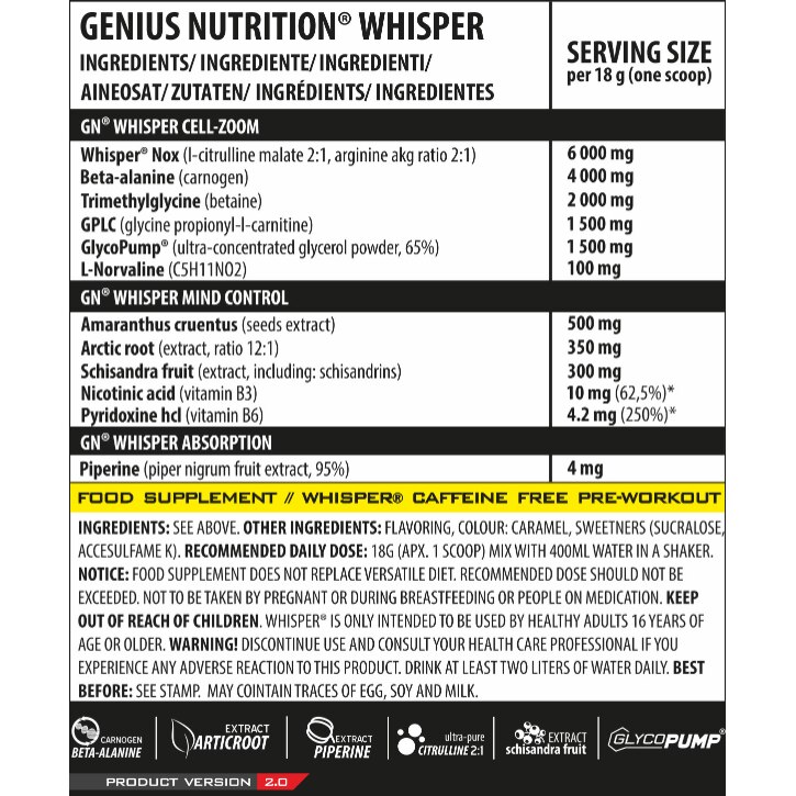 Pre-workout Aminoacizi pudra Genius Nutrition Whisper, caffeine free ...