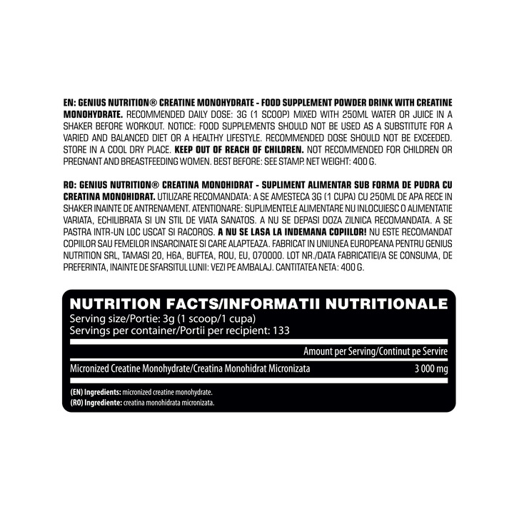 Creatine Monohydrate, Creatina Genius Nutrition pudra pentru dezvoltare ...