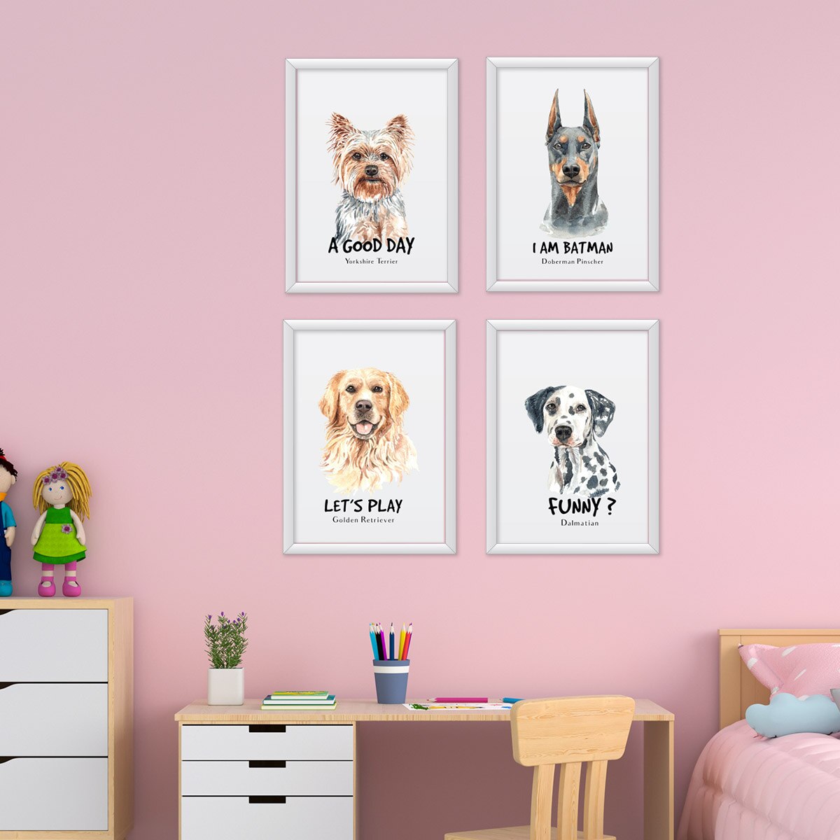 Set 4 tablouri camera copii, Cainii 1, Stickermania, rama MDF 30x20cm ...