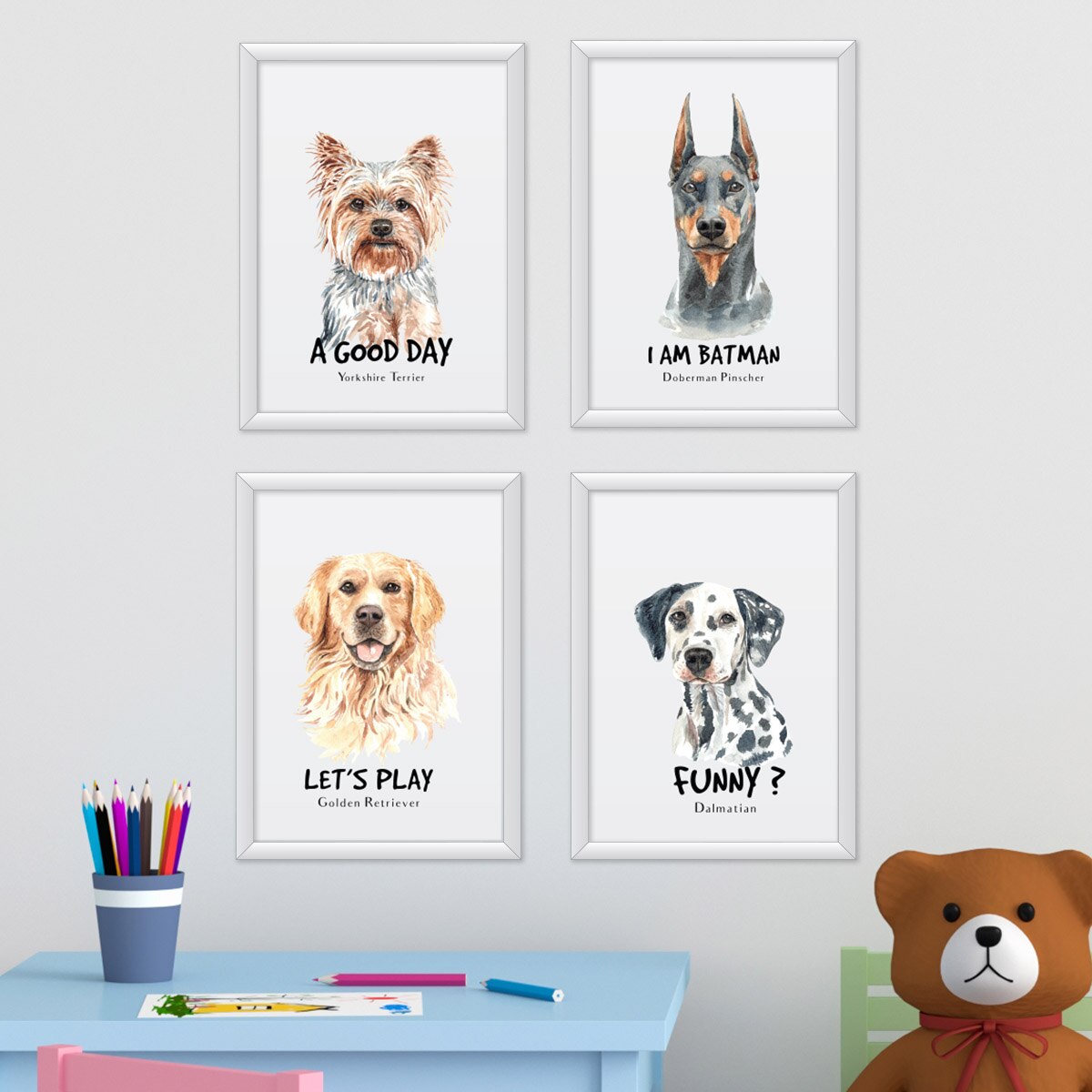 Set 4 tablouri camera copii, Cainii 1, Stickermania, rama MDF 30x20cm ...