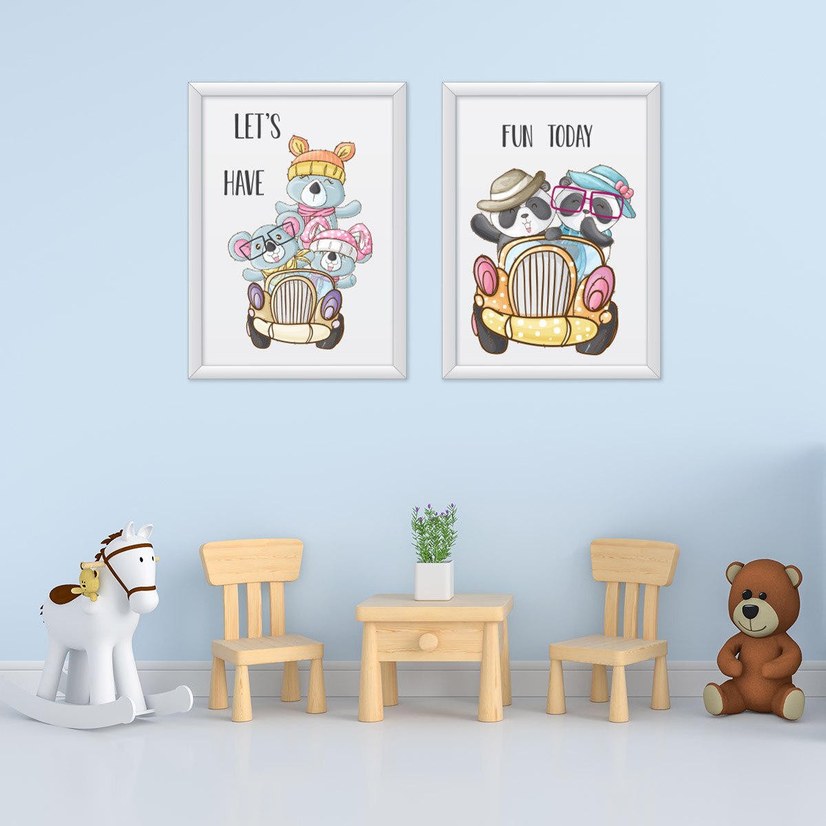 Set 2 tablouri camera copii, Ursuletii cu masinute, Stickermania, rama ...