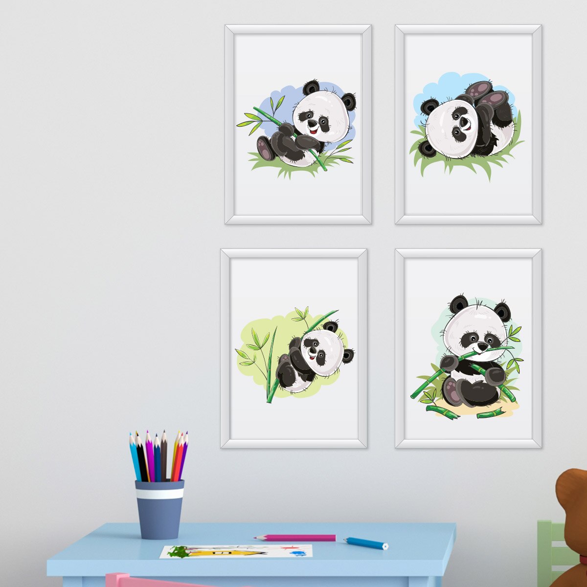 Set 4 tablouri camera copii, Ursuletul Panda, Stickermania, rama MDF ...