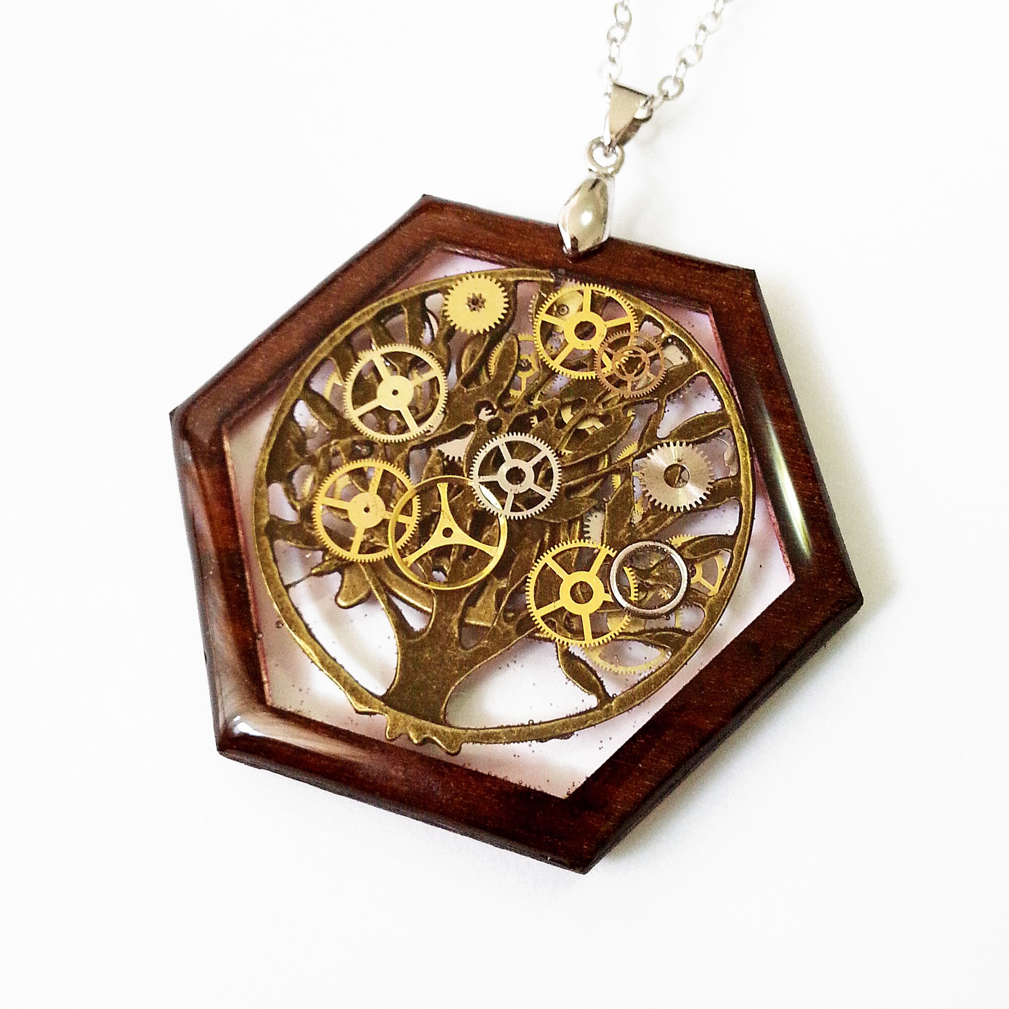 Pandantiv copac si bufnita cu piese de ceas in rasina si lant inox ...