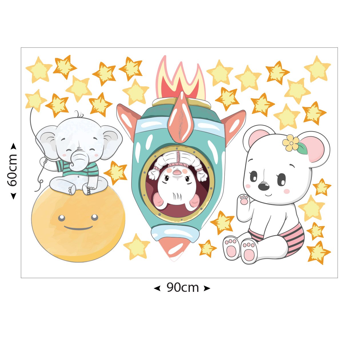 A hold, a rakéta és a medve Dekorációs falmatrica, 1 lap 60cm x 90cm ...