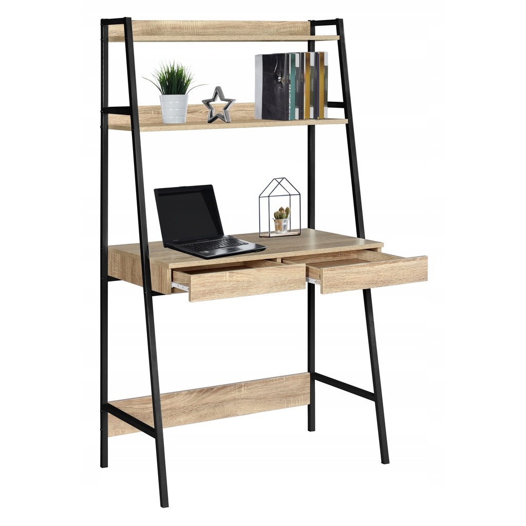 Birou natur cu 2 sertare si rafturi, stil scandinav, 85x50 cm, MDF, Ego ...