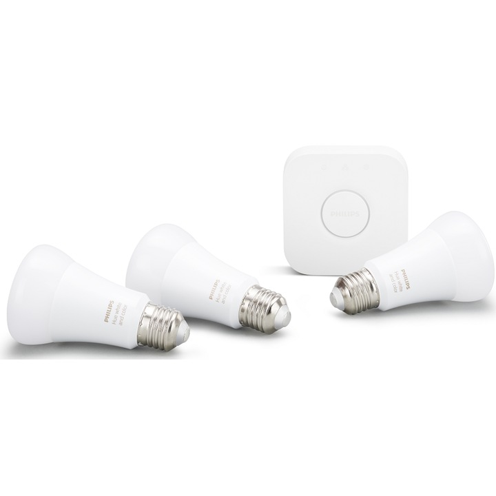 Pachet 3 becuri inteligente LED RGBW Philips Hue, E27, 10W (60W), A+ ...