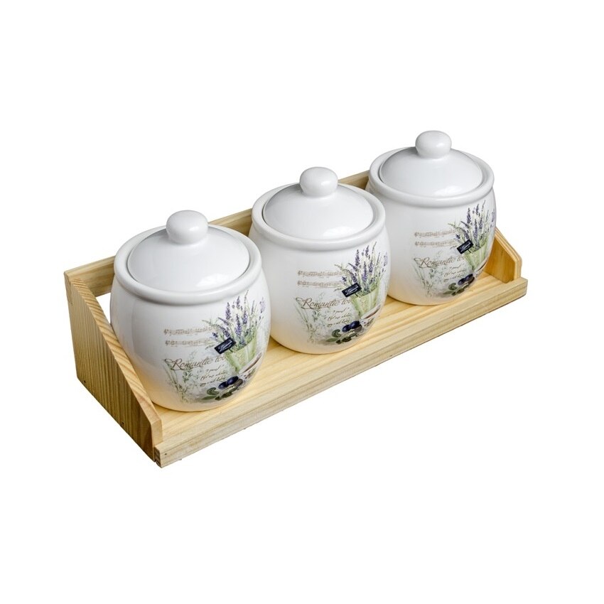 Set 3 recipiente mari pentru condimente din ceramica cu suport lemn ...