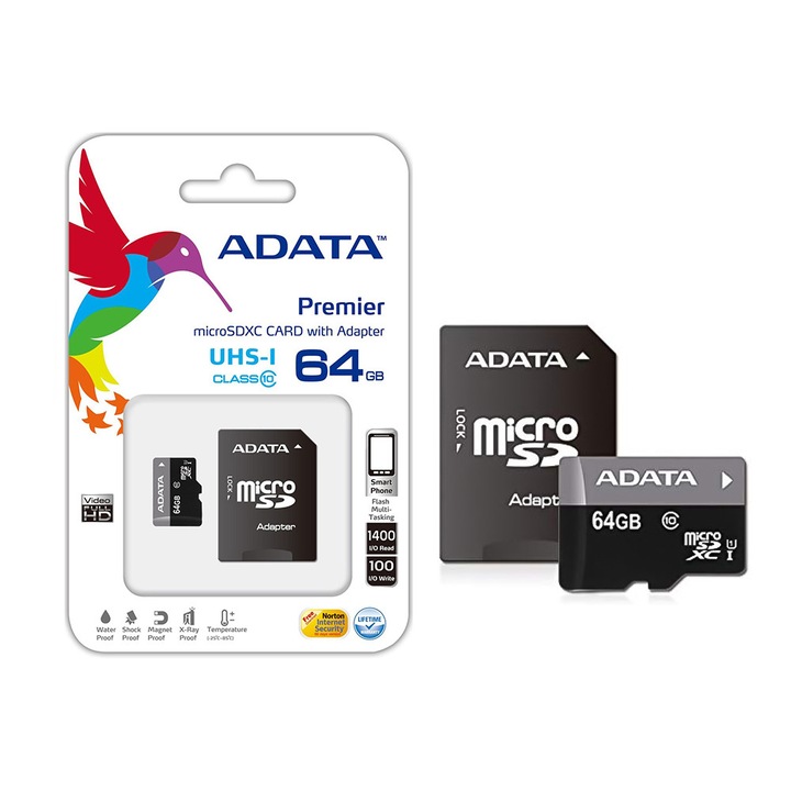 Card de memorie, Adata, Micro-SDHC, 64 GB, clasa 10 + Adaptor SD - eMAG.ro