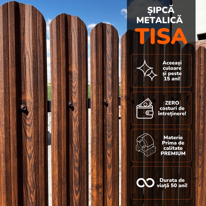Gard Sipca Metalica Tisa, Set 25 buc. + suruburi, Mahon - Imitatie Lemn ...