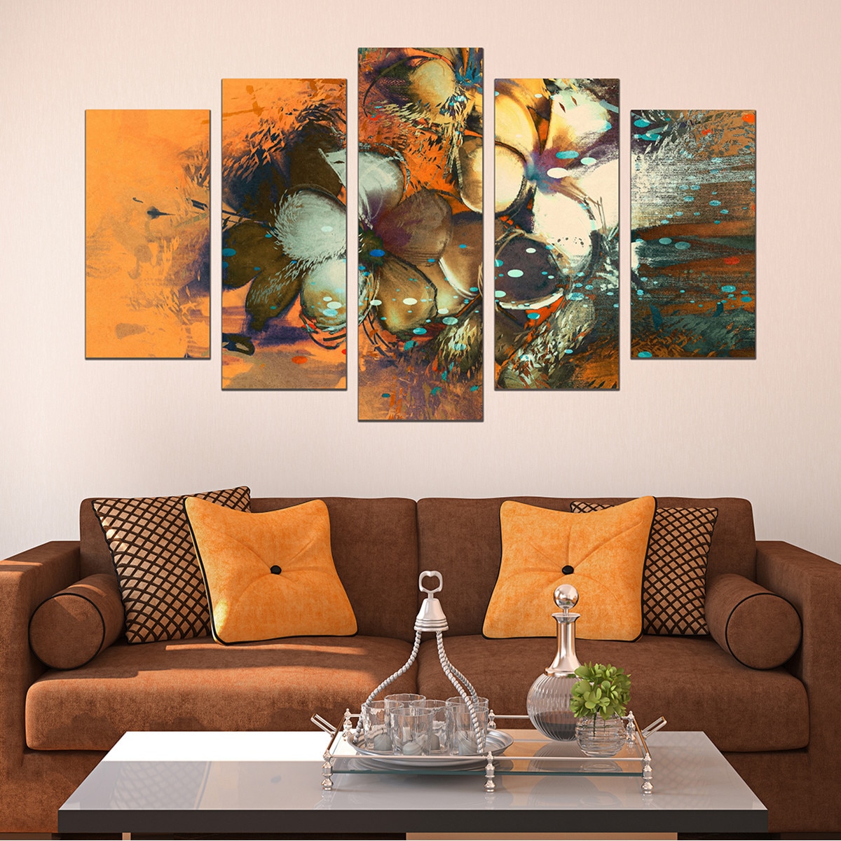 Set Tablouri Multicanvas 5 Piese, Arta flori portocalie,158х90 cm - eMAG.ro