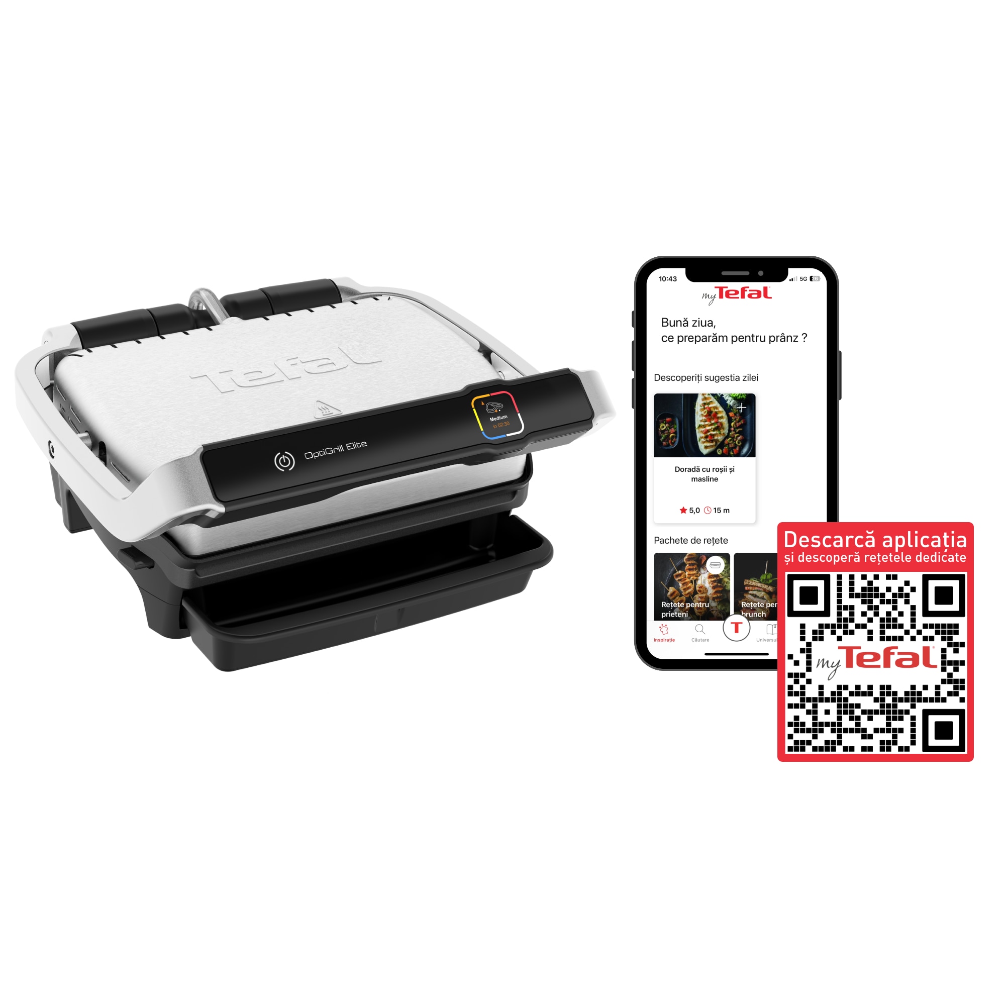 Gratar electric Tefal OptiGrill Elite GC750D30, 2000W, 12 programe, 30x20 cm, termostat reglabil ...