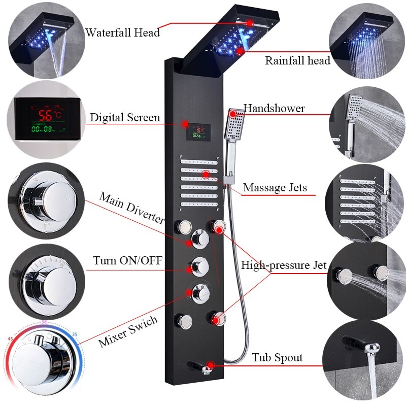 Panel de Dus Multifunctional cu LED, Negru, efect de ploaie, sistem de ...