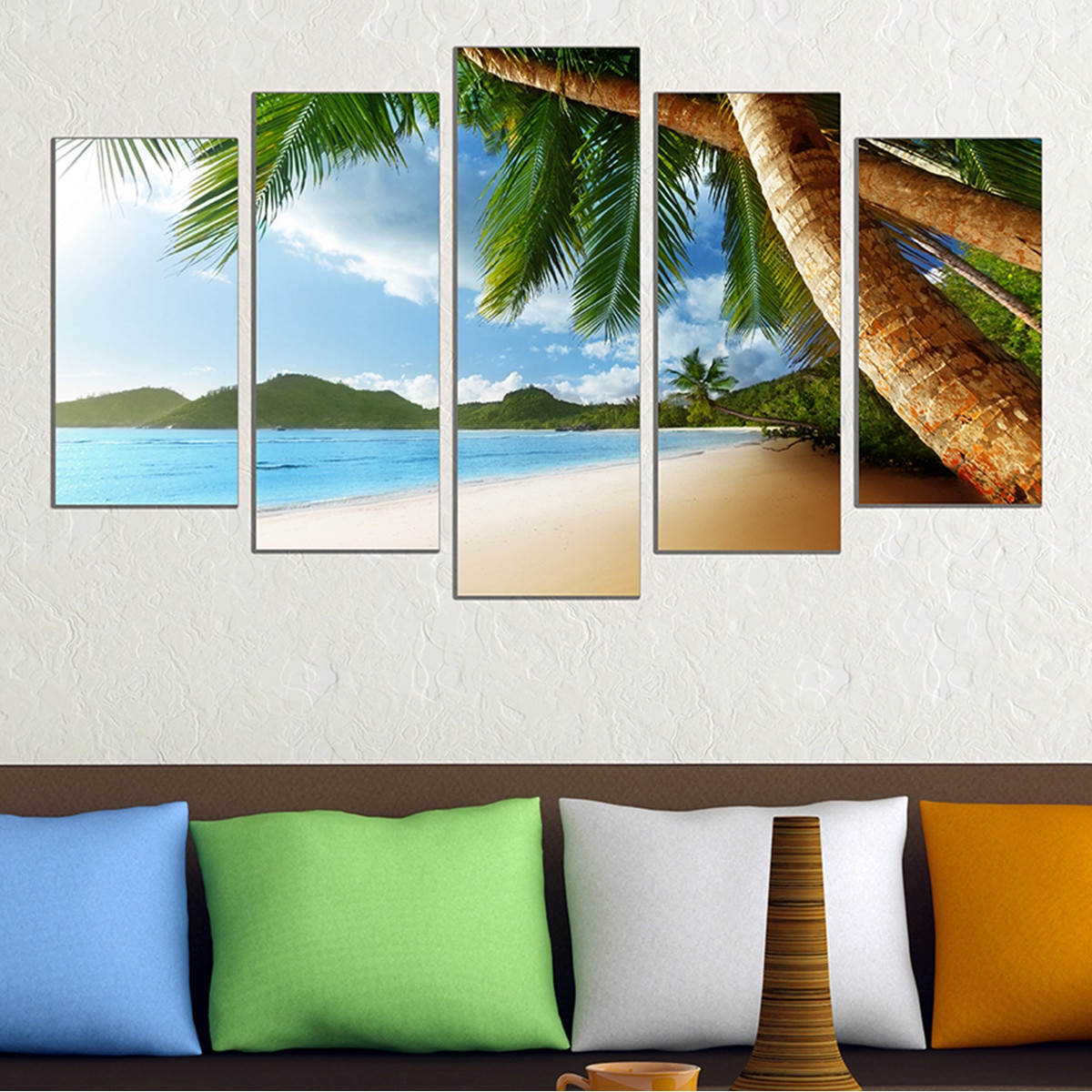 Set Tablouri Multicanvas 5 Piese, Peisaj marin cu plaja exotica, 158х90 ...