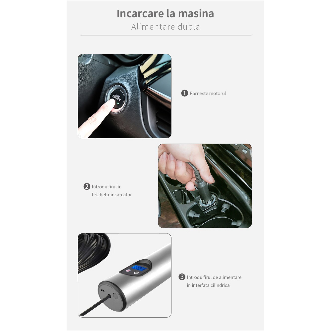 Compresor auto portabil, Reincarcabil, LED, Afisaj LCD, Conexiune ...