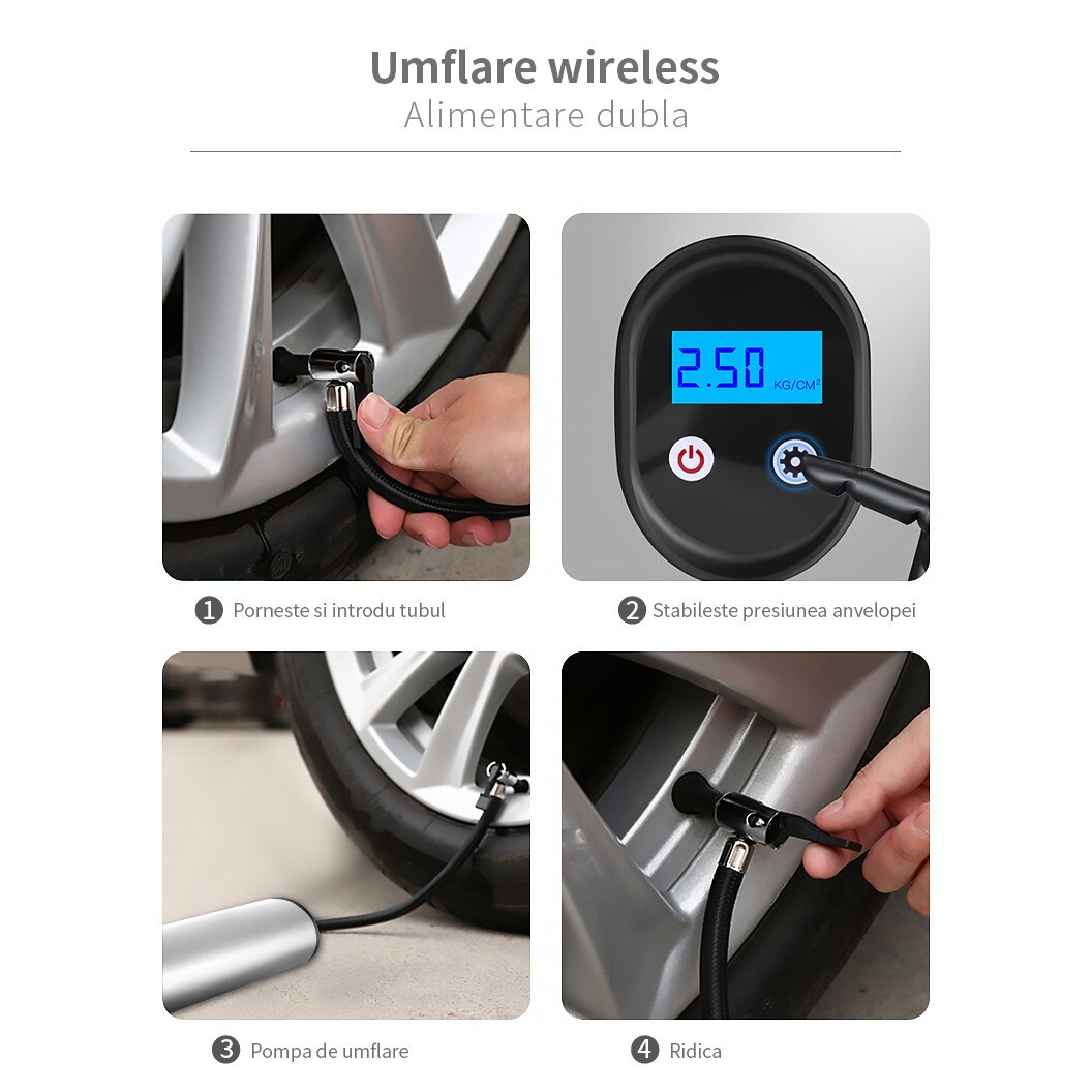 Compresor auto portabil, Reincarcabil, LED, Afisaj LCD, Conexiune ...