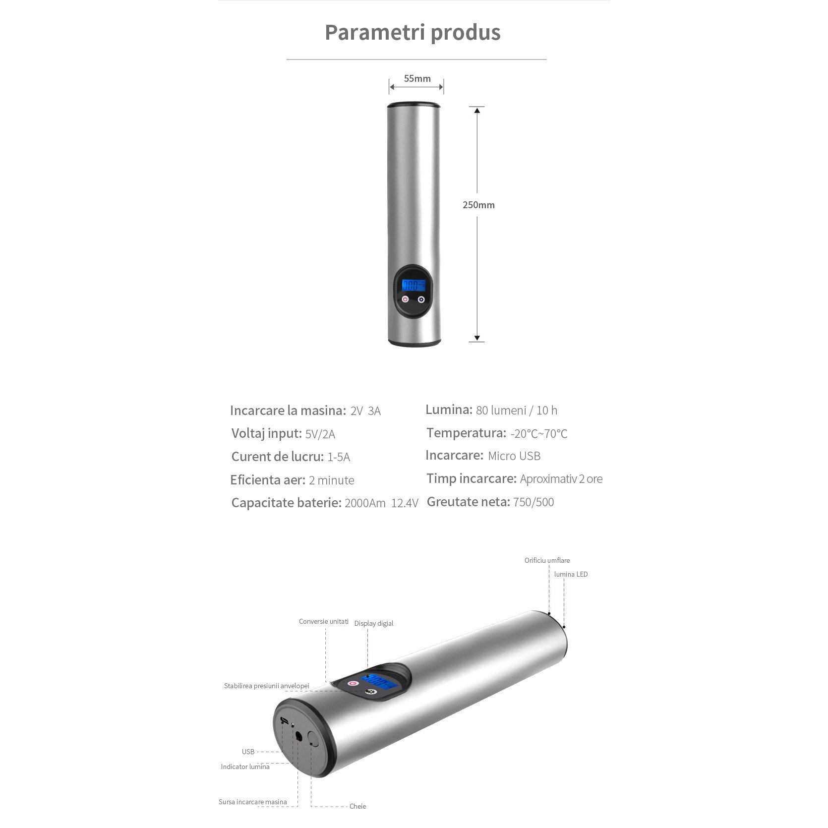 Compresor auto portabil, Reincarcabil, LED, Afisaj LCD, Conexiune ...