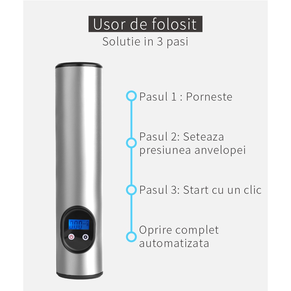 Compresor auto portabil, Reincarcabil, LED, Afisaj LCD, Conexiune ...