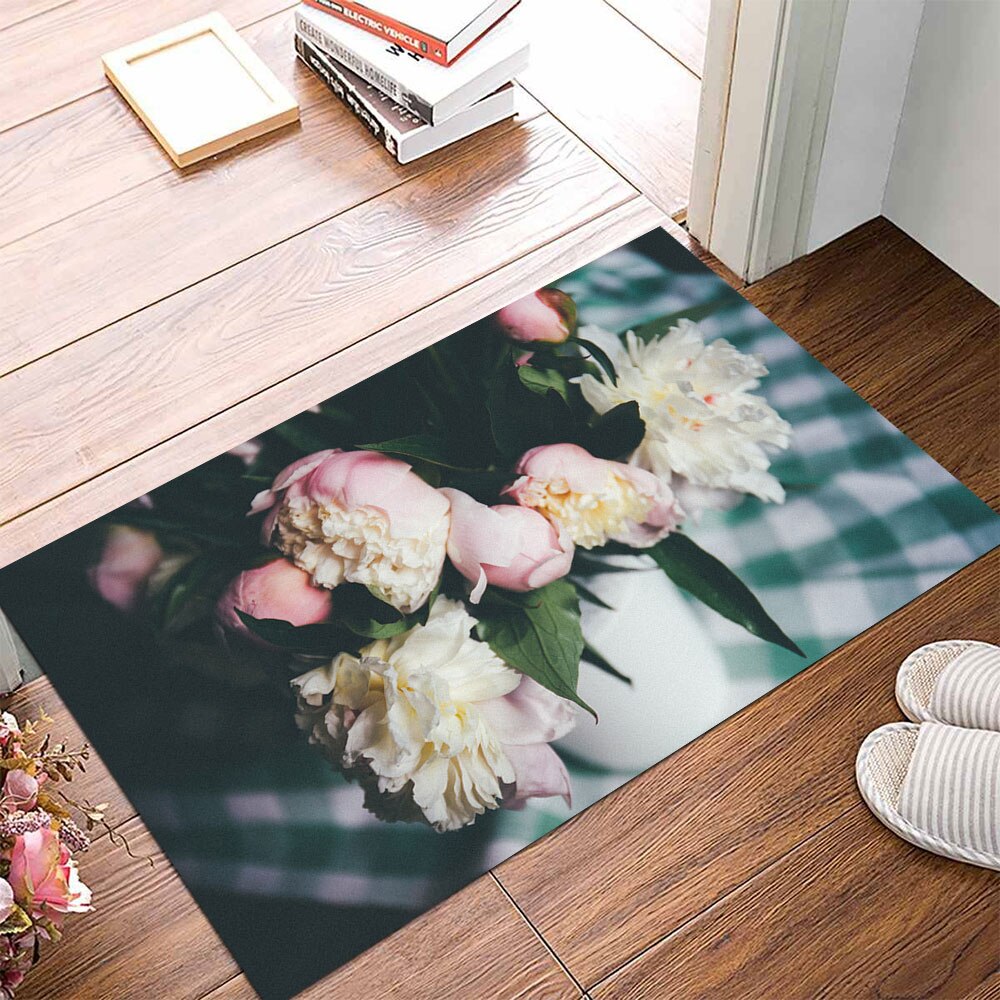 Covor Intrare Impermeabil Pres PVC Art Factory Buchet de bujori alb si ...