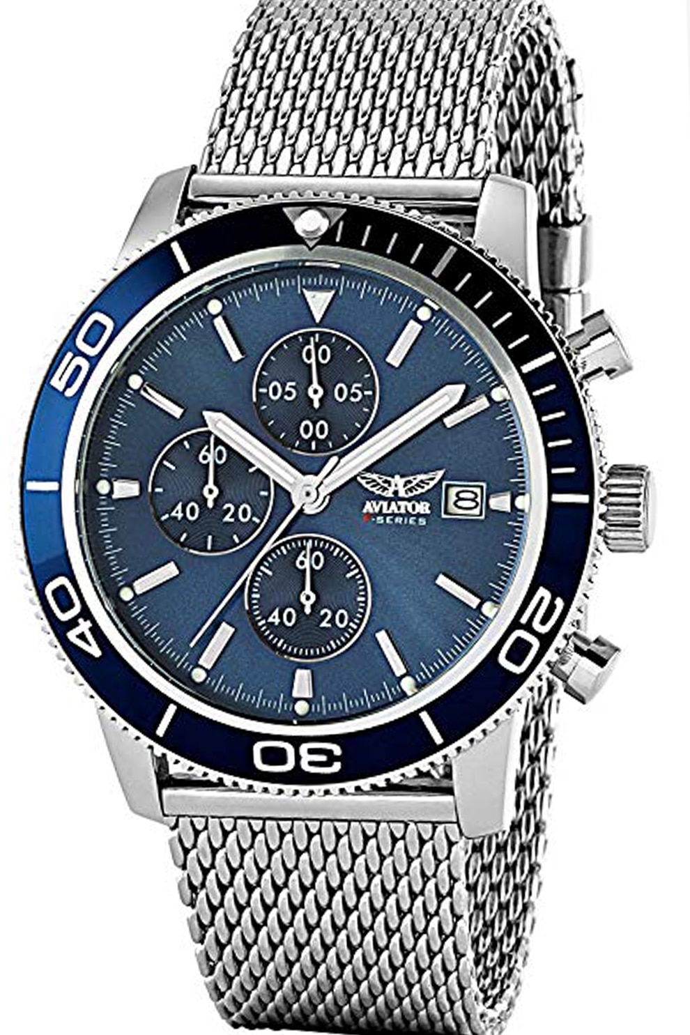 Aviator, Ceas cronograf din otel inoxidabil, Argintiu/Albastru - eMAG.ro