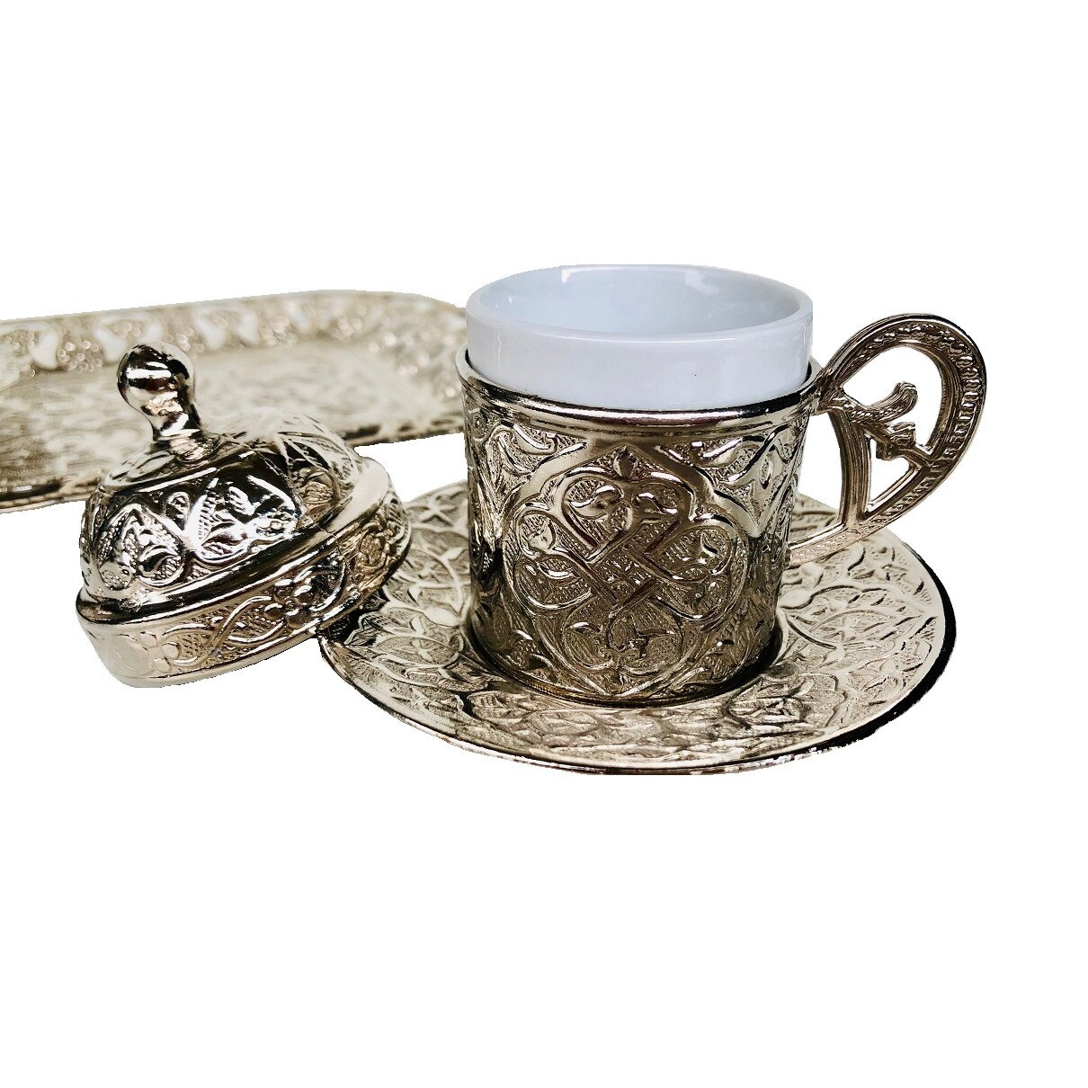 Set cafea/ceai stil turcesc, ERASLAN Copper, 11 piese, Argintiu - eMAG.ro