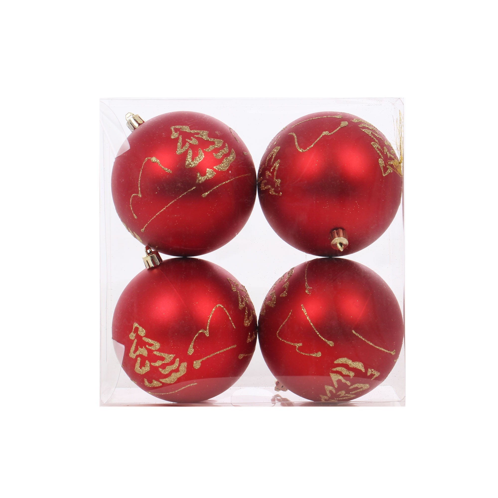 Set 4 globulete de Craciun rosii cu aspect mat, model cu sclipici auriu ...