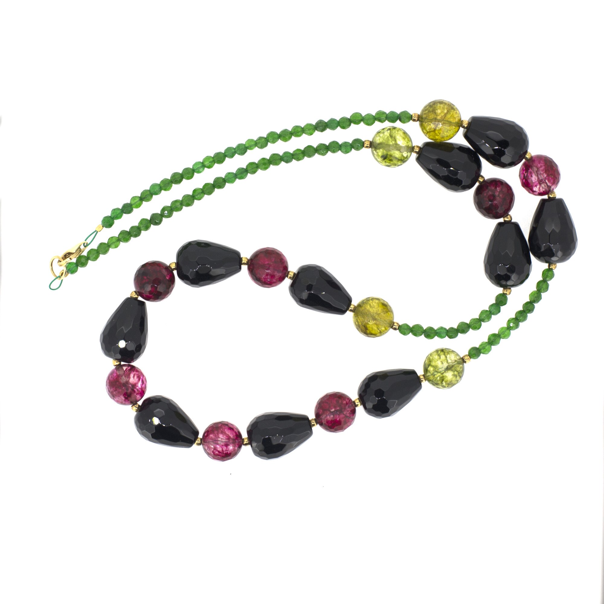 Colier din agat verde, cristal de munte colorat, onix, argint aurit ...