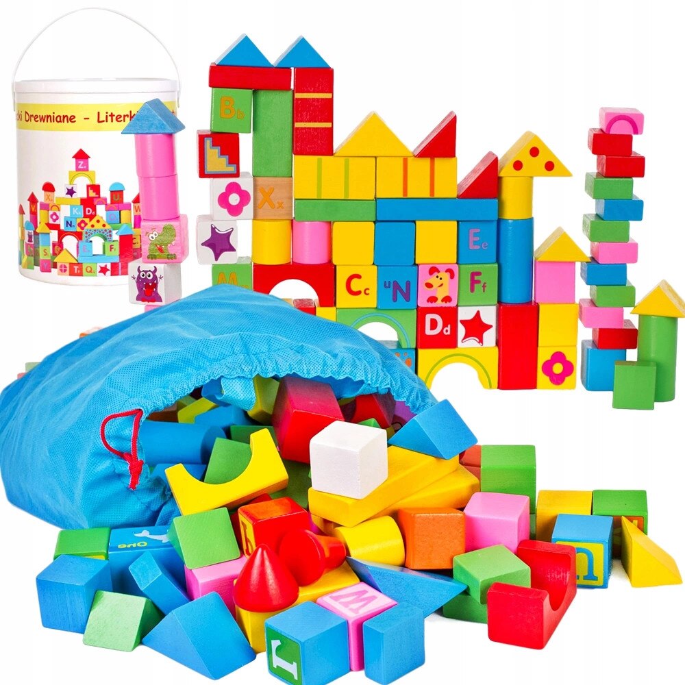 Set Constructie Cuburi din Lemn Natural 100 Piese "Galeata cu Forme ...