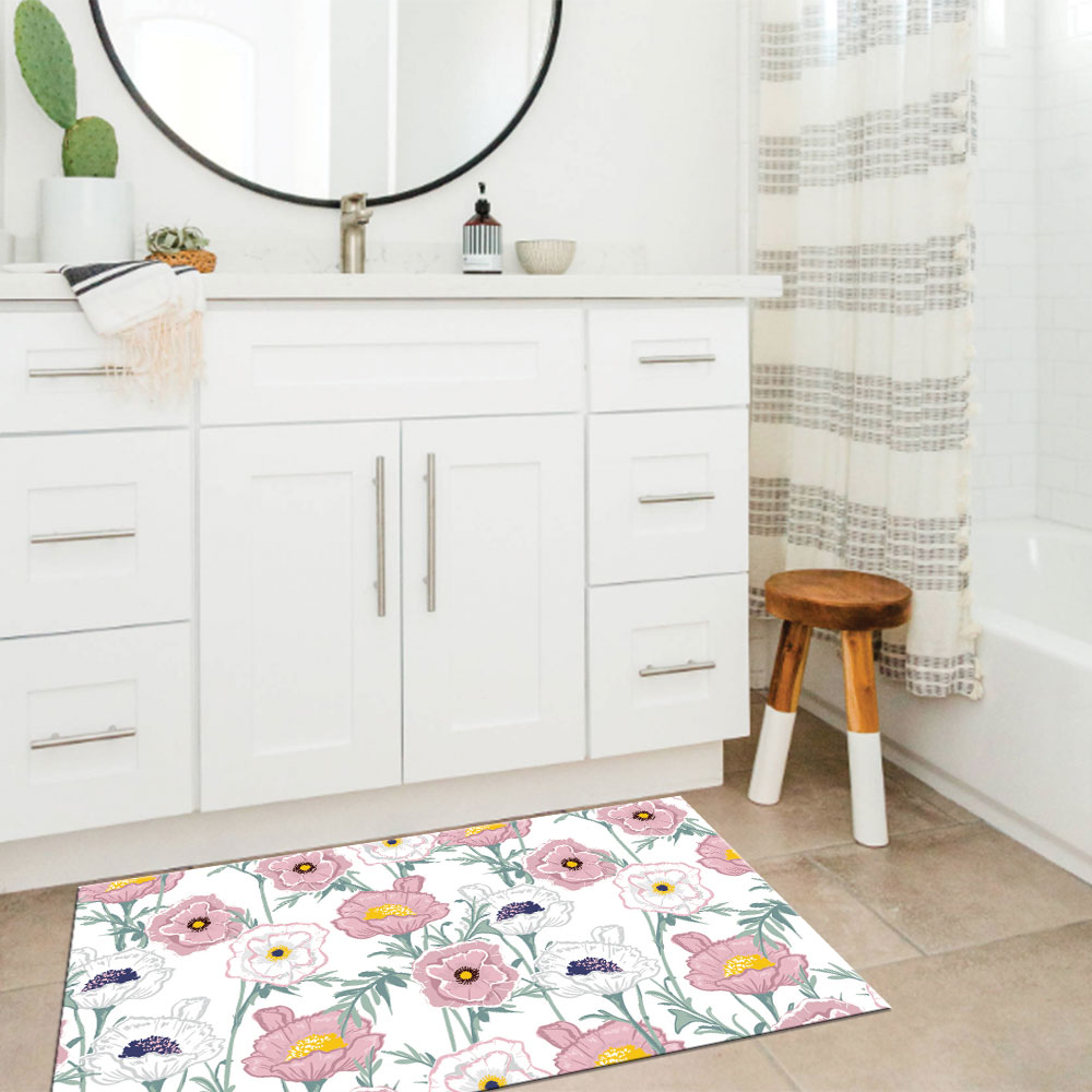 Covor Baie Impermeabil PVC Flori roz si albe Art Factory, 50 x 70 cm ...
