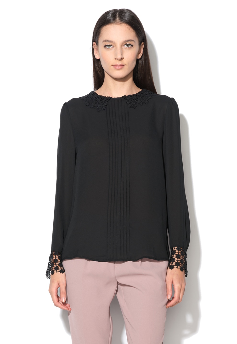 United Colors of Benetton, Camasa vaporoasa neagra cu guler crosetat ...